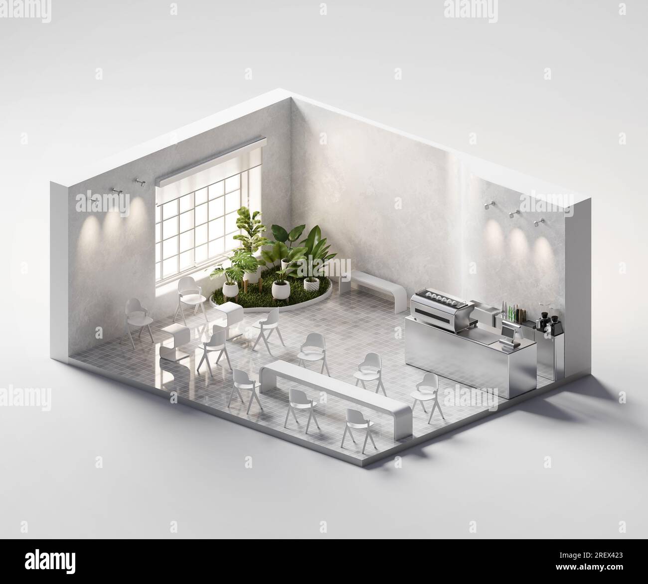 Isometric view minimal cafe store open inside interior architecture, 3d ...