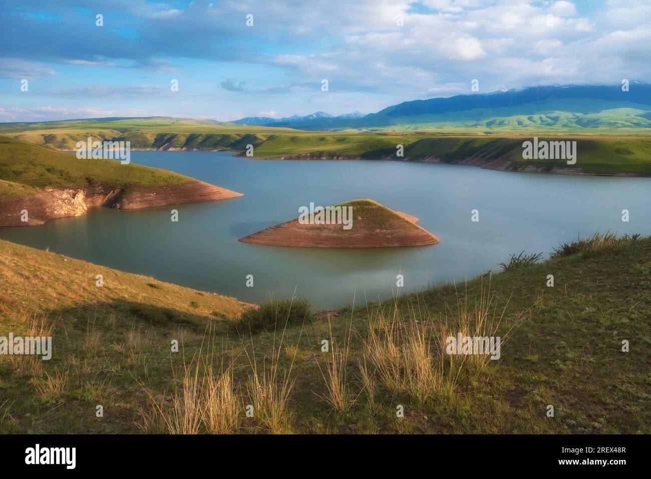 Island in the Bestyubinsk reservoir or Bestobe, reservoir on the Charyn ...