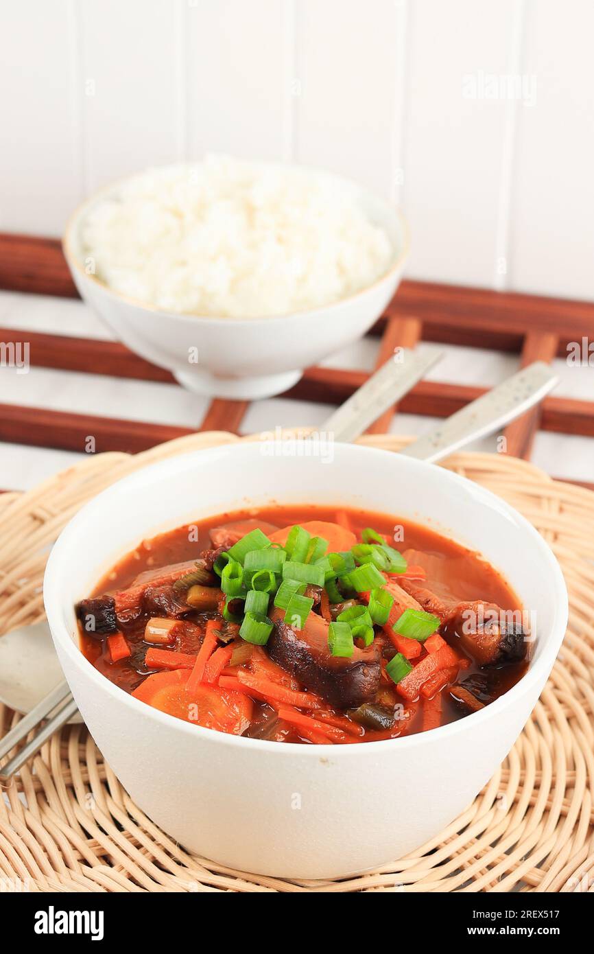 Kimchi Soup in White Bowl Served with Rice, Korean Traditional Kimchi ...