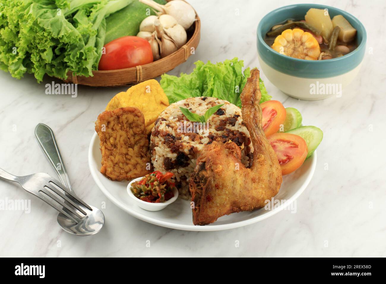 Nasi Tutug Oncom, Rice with Fermented Peanut, Served with Fried Chicken ...