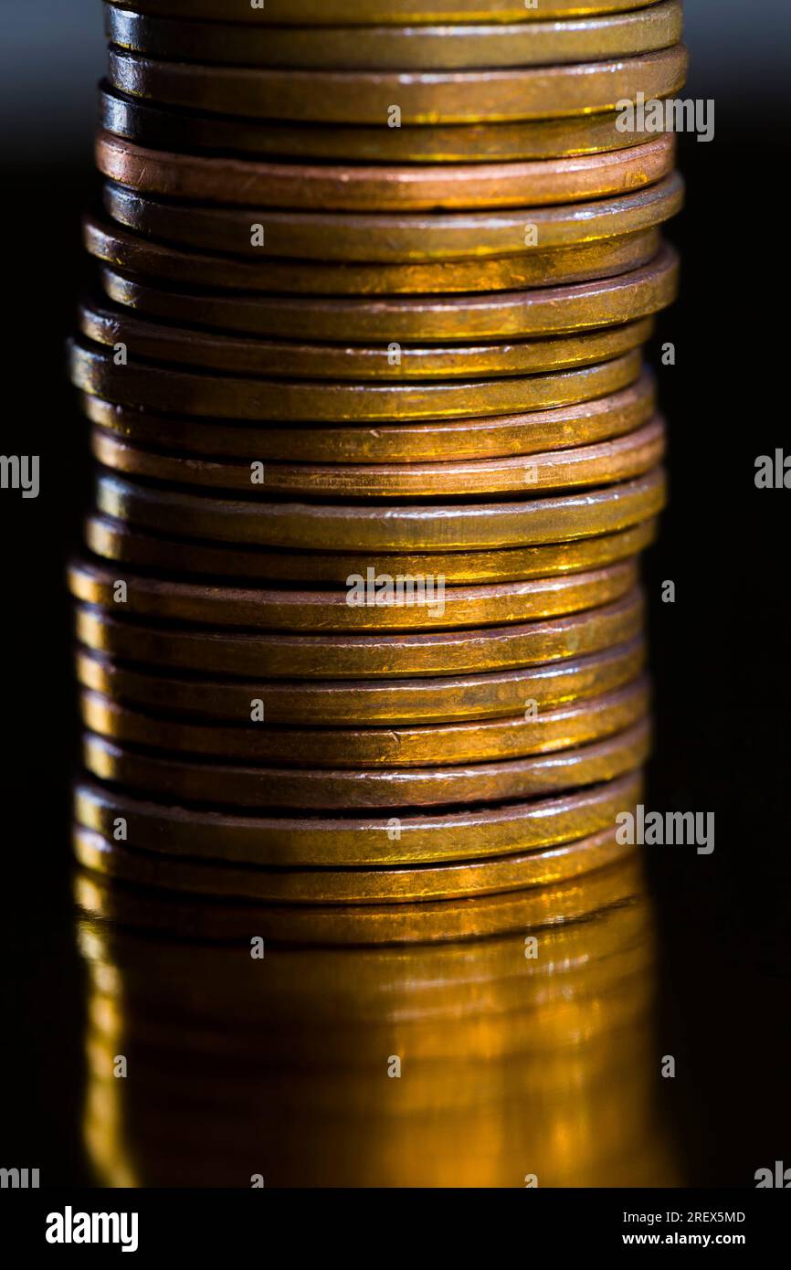 copper small coins close up, coin stacked together in piles used for ...