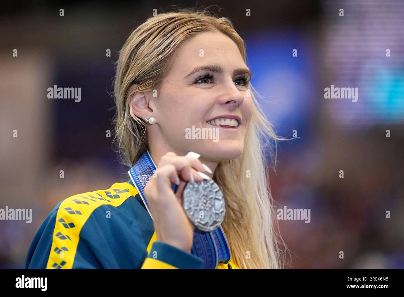 Shayna Jack of Australia shows her silver medal during the medal ...
