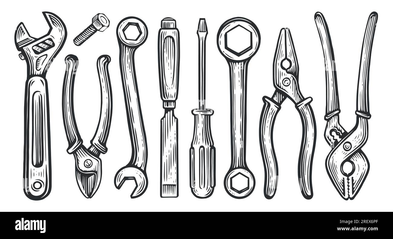 Working tools set. Repair and construction supplies collection. Sketch ...
