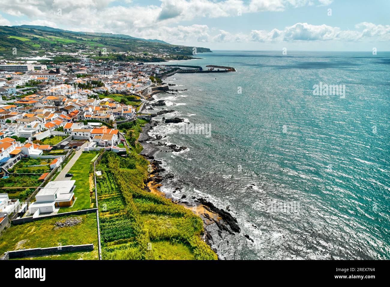 Aerial shot, drone point of view of Ribeira Grande town in the Ponta ...