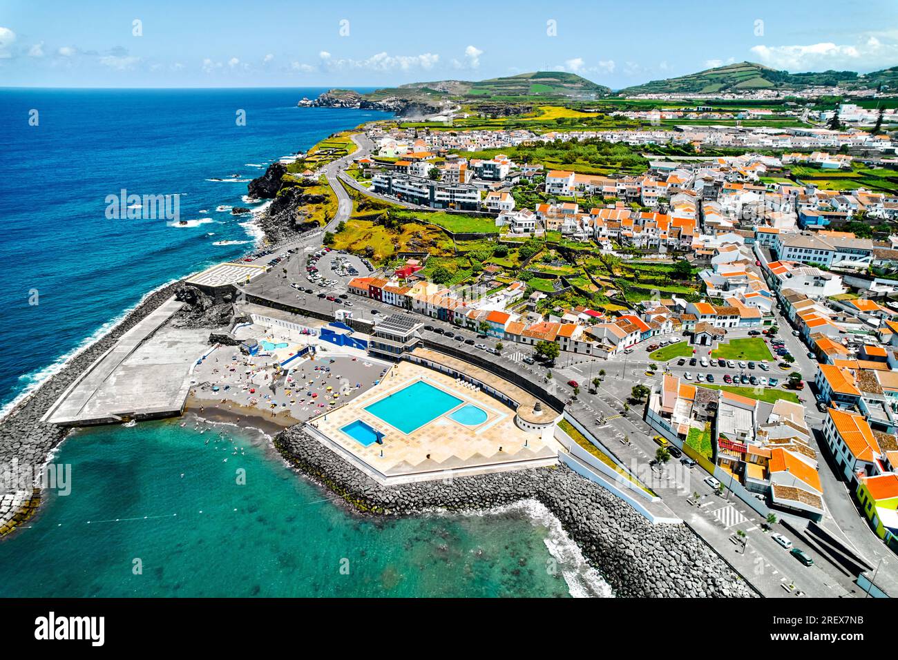 Aerial shot, drone point of view of Ribeira Grande town in the Ponta ...