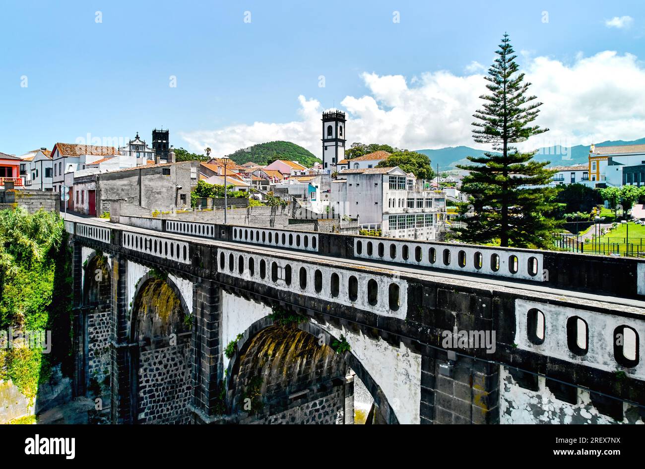 Aerial shot, drone point of view of Ribeira Grande town in the Ponta ...