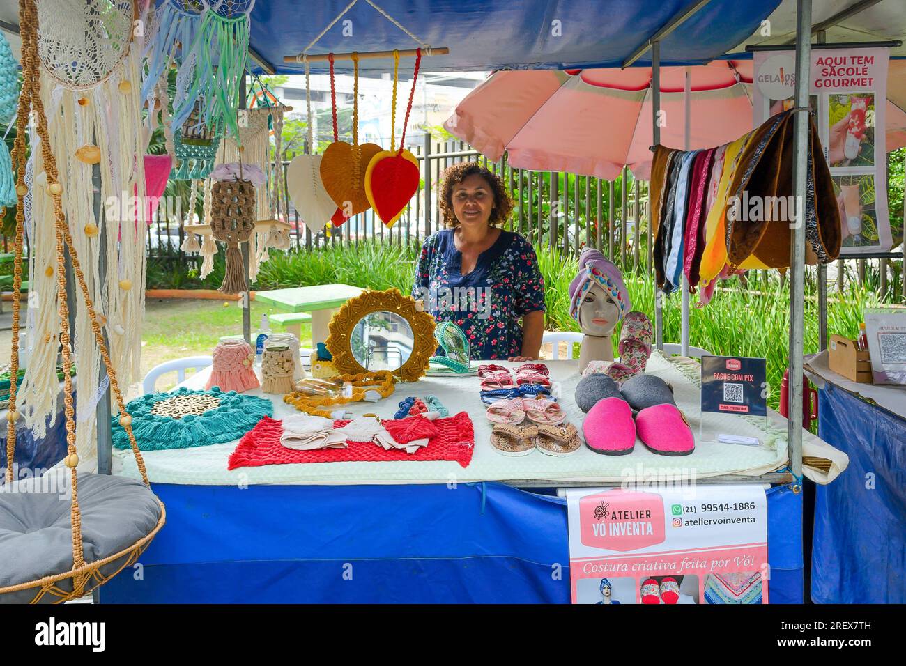 Niteroi, Brazil, A senior Brazilian woman works in a small kiosk. Her ...