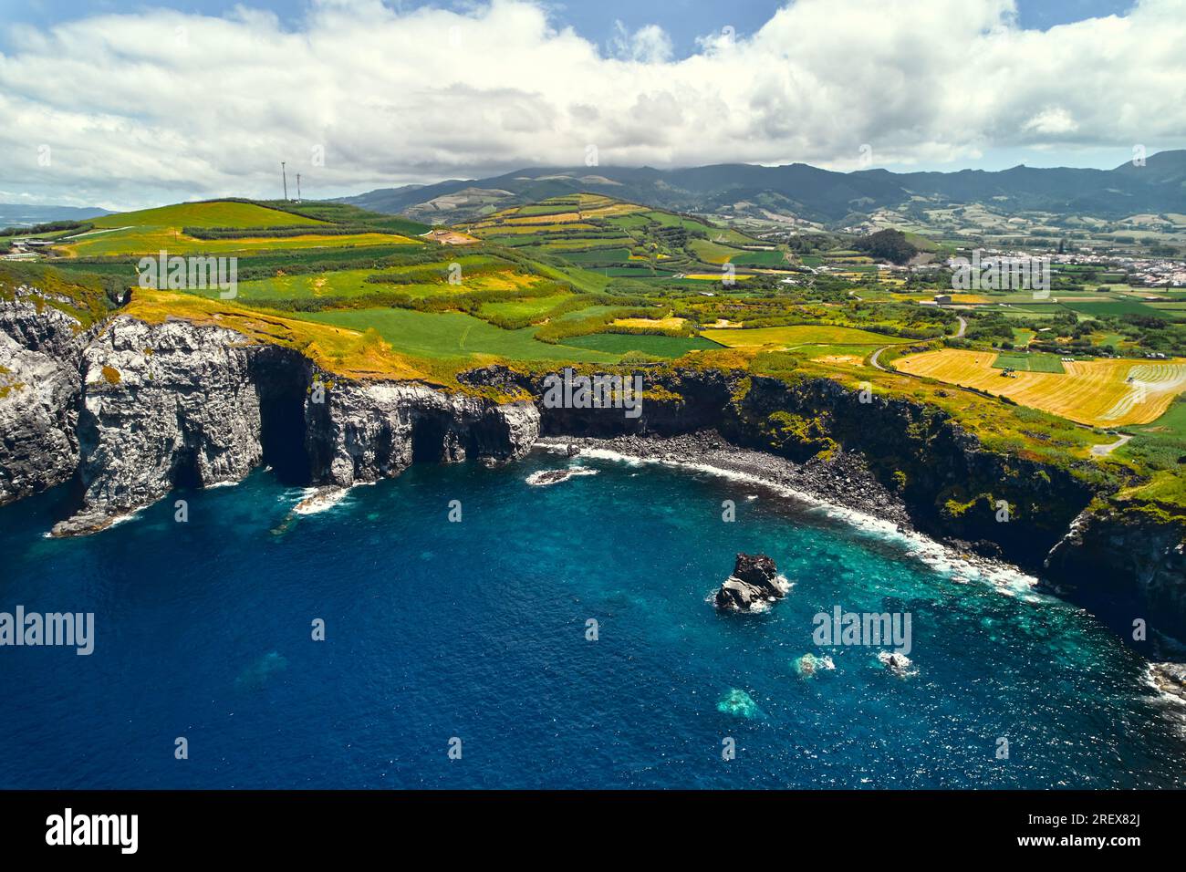 Aerial shot rocky coastline of Ponta Delgada Island. Sao Miguel, Azores ...