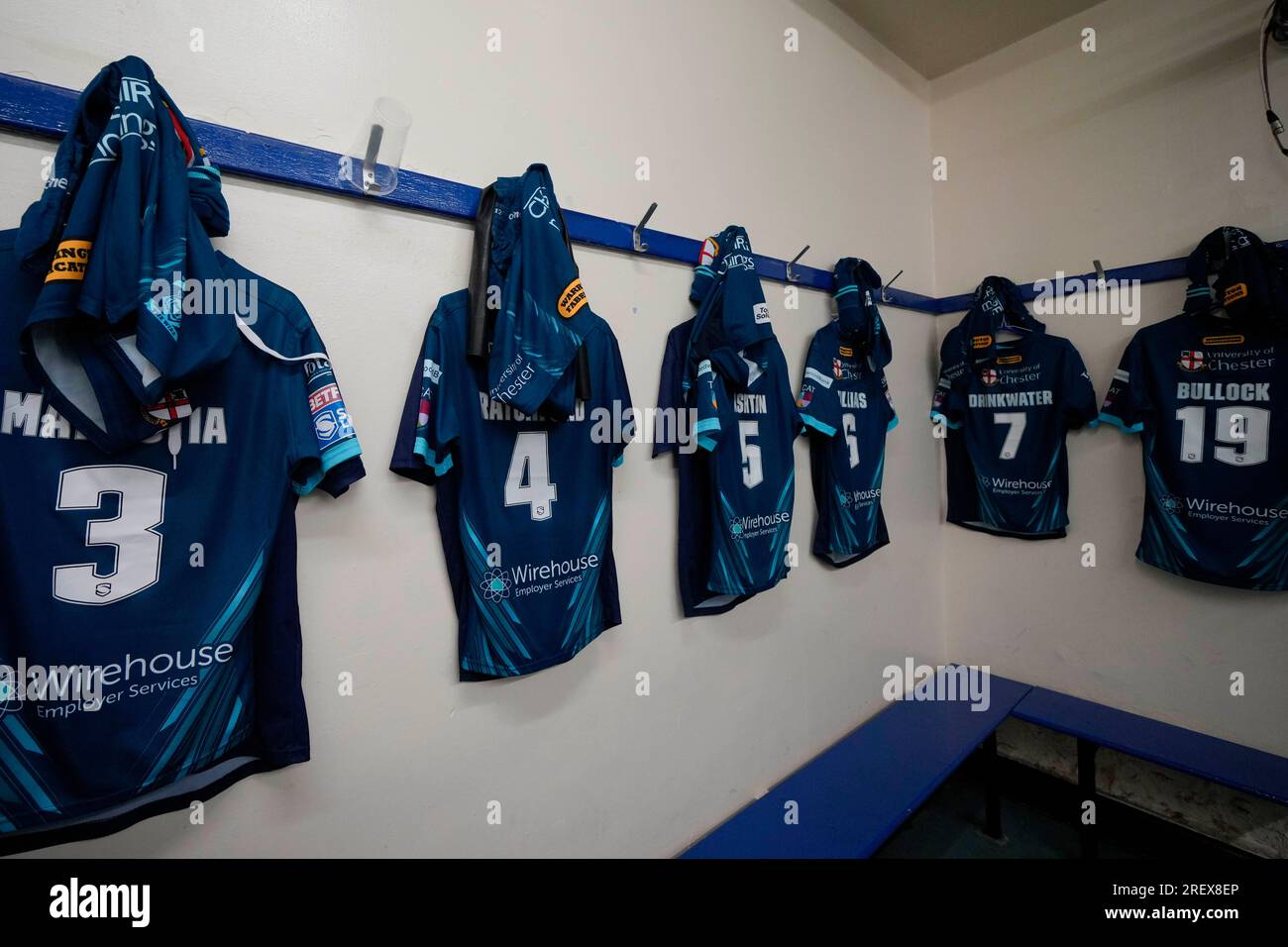 General view of the Warrington Wolves game shirts hung in the changing ...