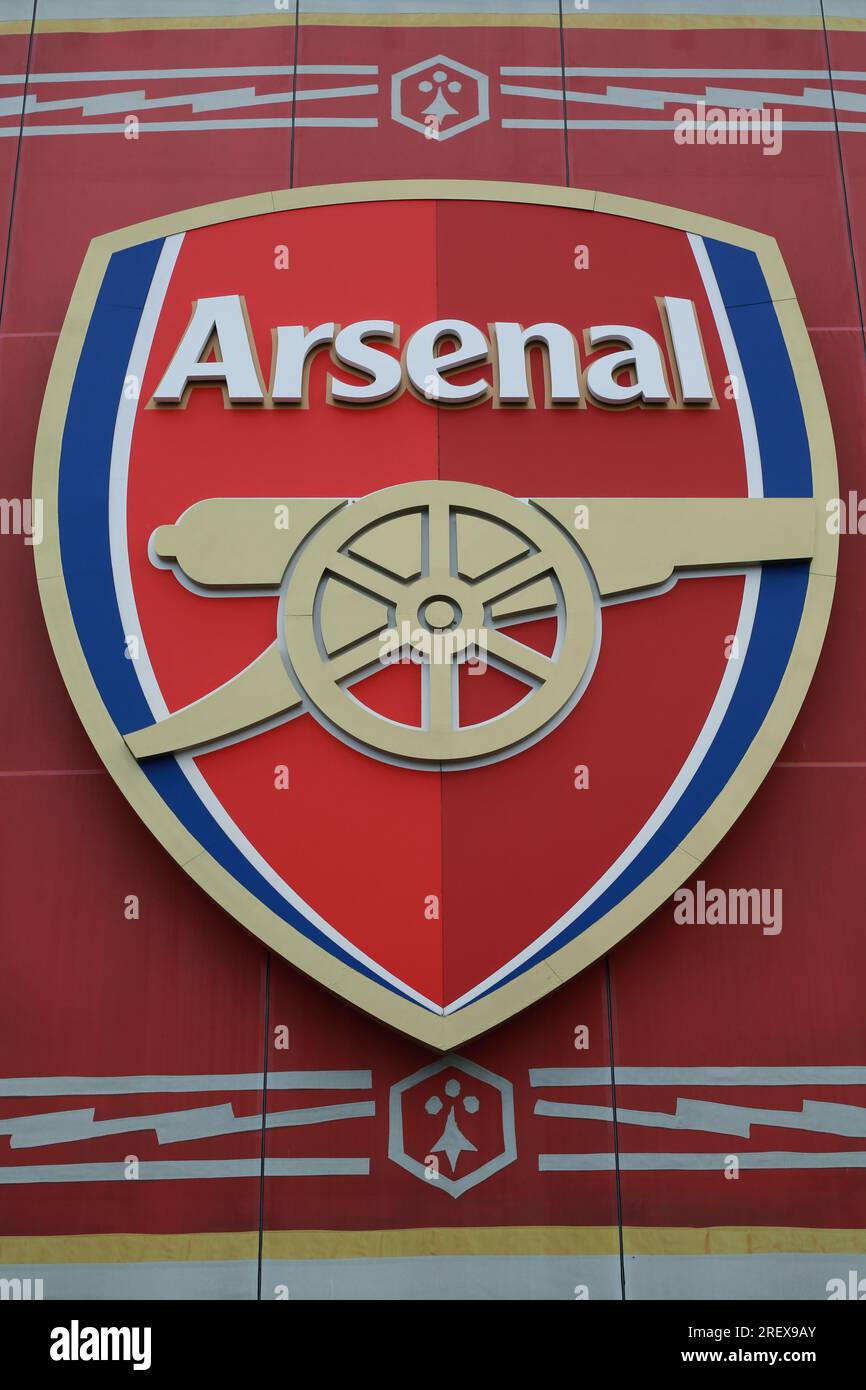 London, UK. 30 July 2023. Arsenal Football Club logo outside Emirates ...