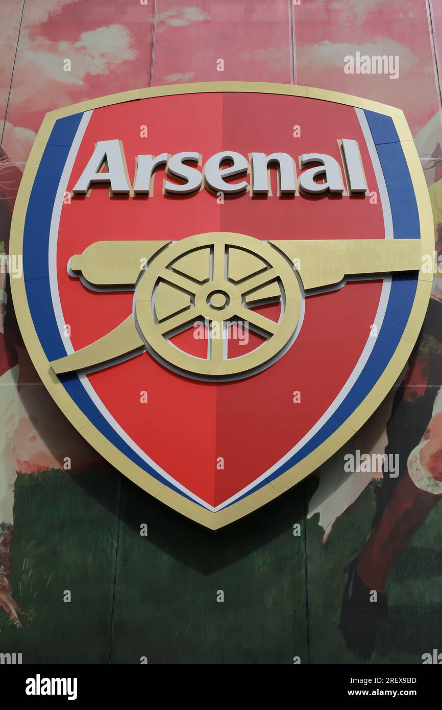 London, UK. 30 July 2023. Arsenal Football Club logo outside Emirates ...