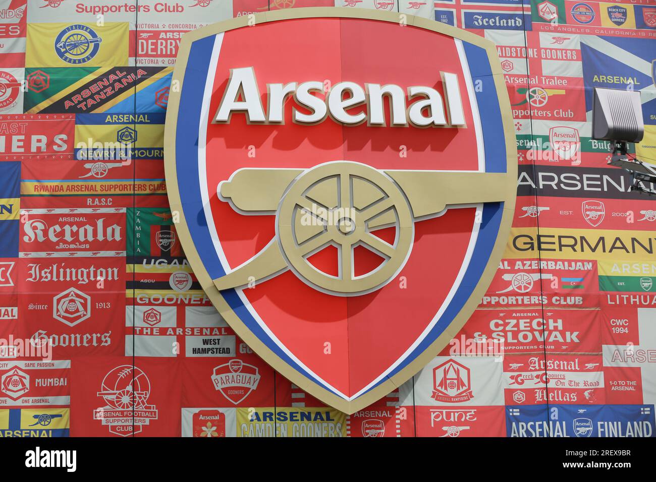 London, UK. 30 July 2023. Arsenal Football Club logo outside Emirates ...