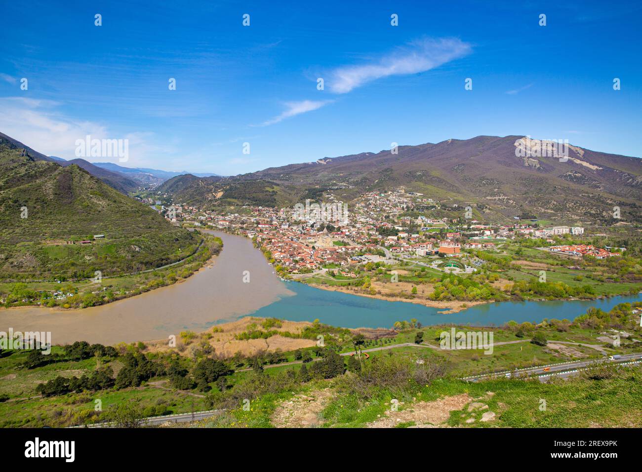 Confluence of Aragvi and Mtkvari rivers and Mtskheta town aerial view ...