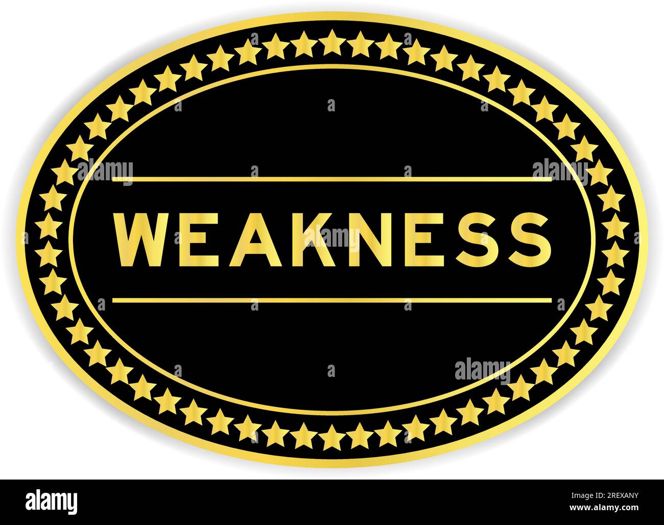 Black and gold color oval label sticker with word weakness on white ...