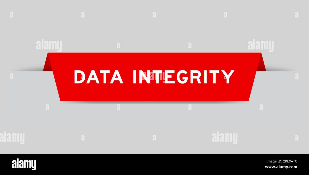 Red color inserted label with word data integrity on gray background ...