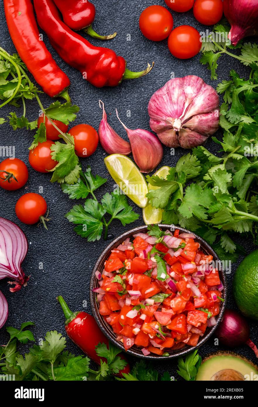 Spicy salsa sauce with tomatoes, chili peppers, onion, garlic and ...