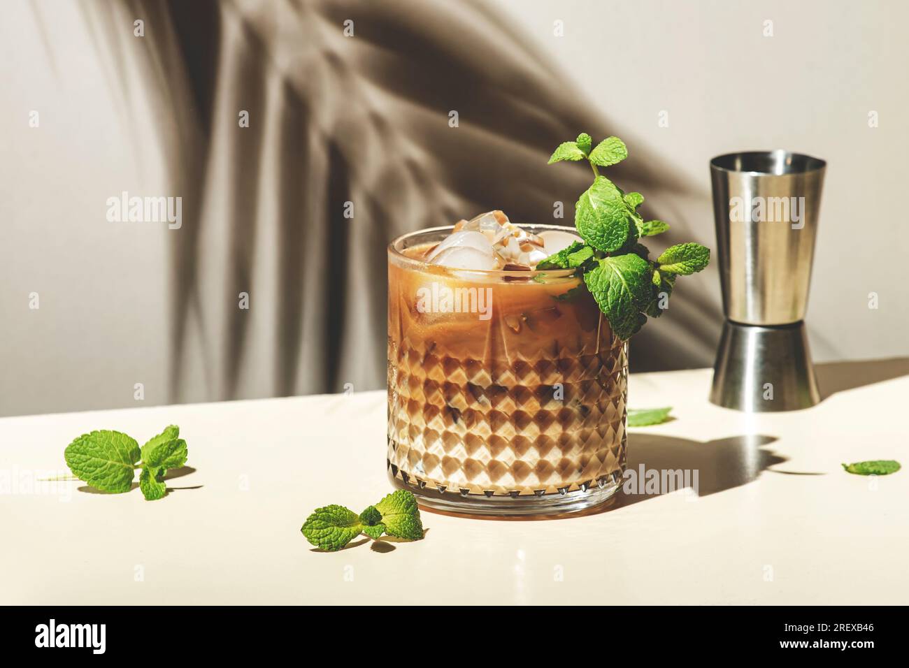 Mint White Russian cocktail drink with vodka, coffee liqueur, mint ...