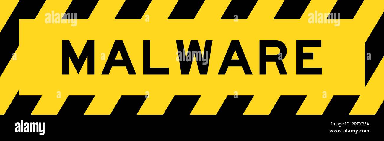 Yellow and black color with line striped label banner with word malware ...