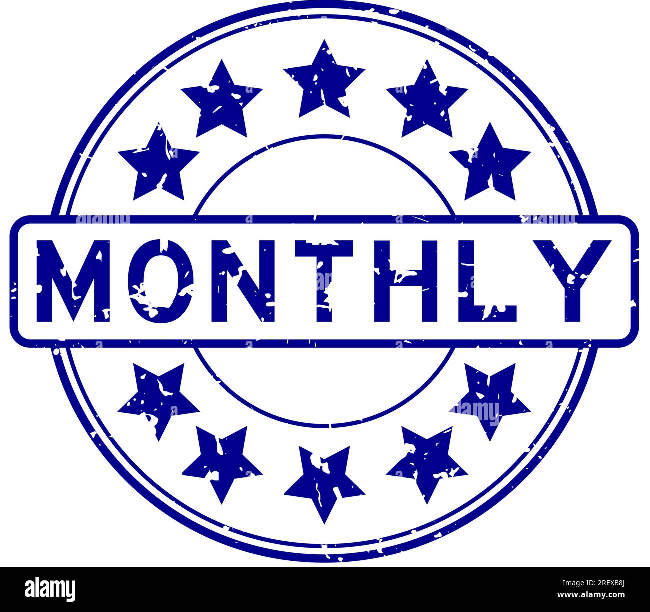 Grunge blue monthly word with star icon round rubber seal stamp on ...