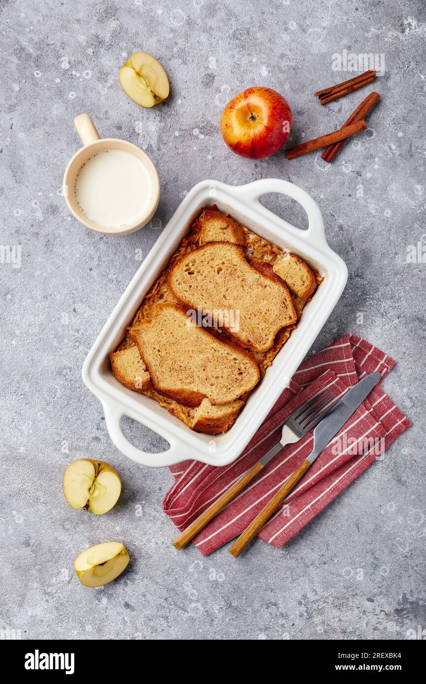 Bread pudding breakfast casserole made from wheat bread, eggs, milk and ...
