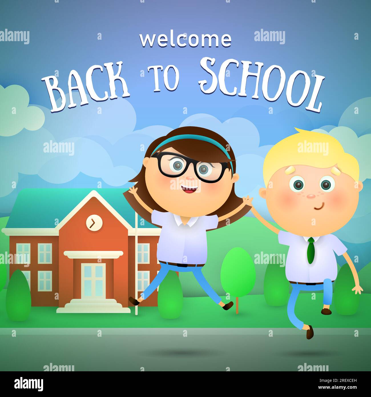 Welcome back to school lettering, cheerful boy and girl Stock Vector ...