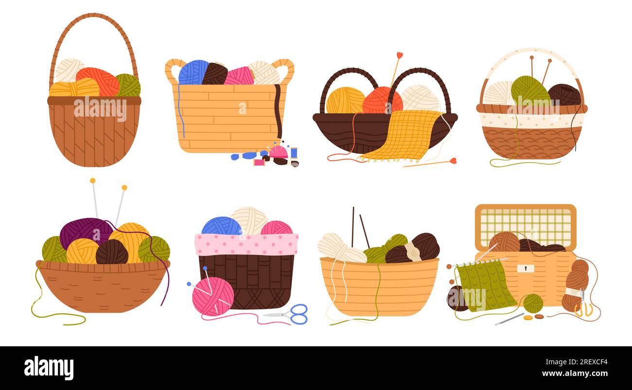 Baskets with wool yarn balls, crochets and knitting needles set vector ...