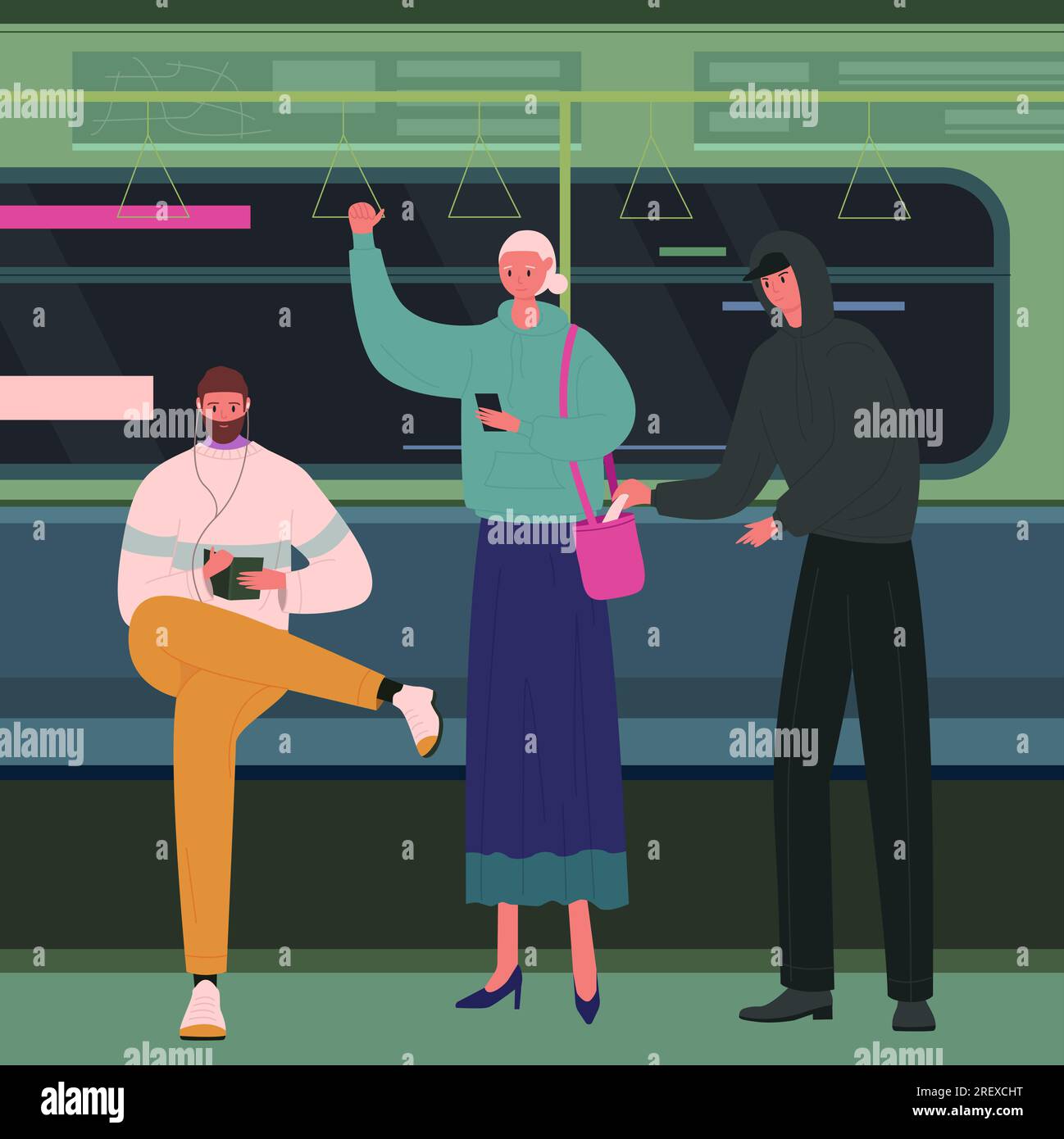 Theft in public transport vector illustration. Cartoon woman standing ...