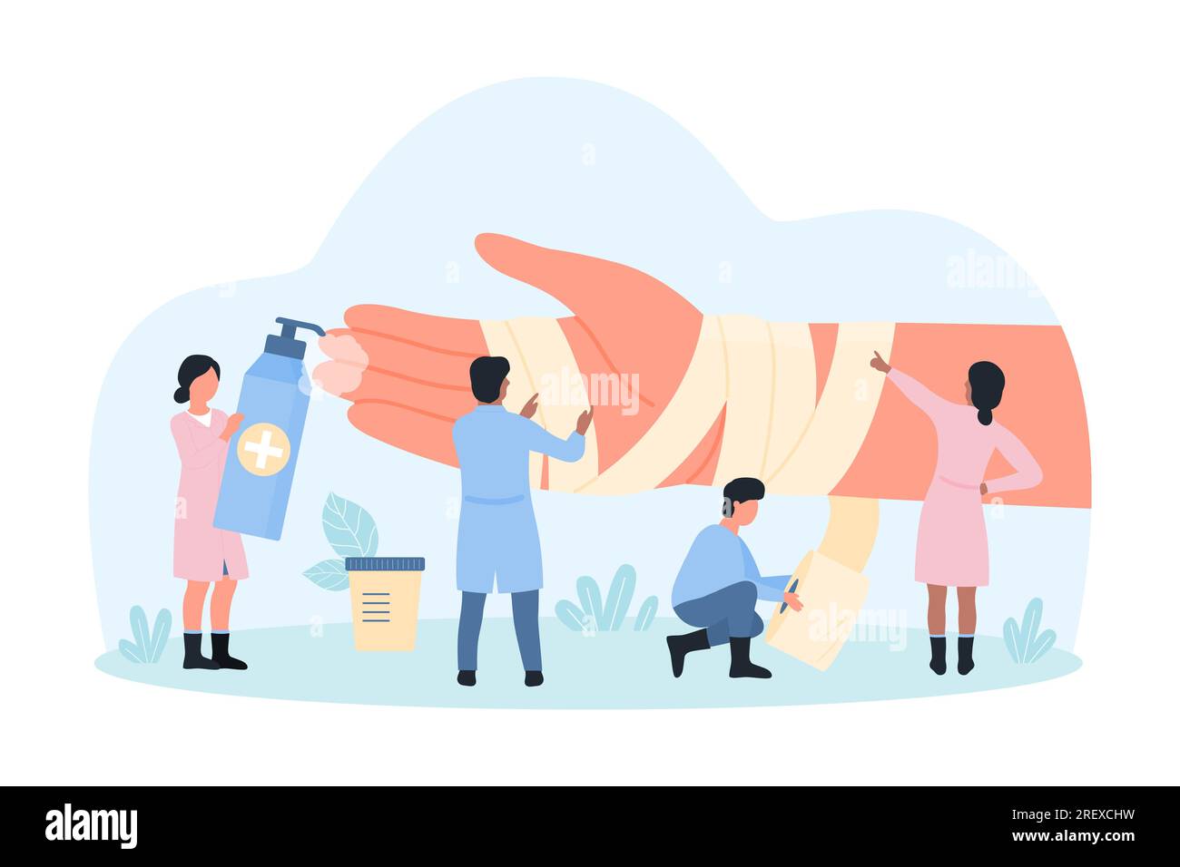 Medical care for hand injury vector illustration. Cartoon tiny people ...