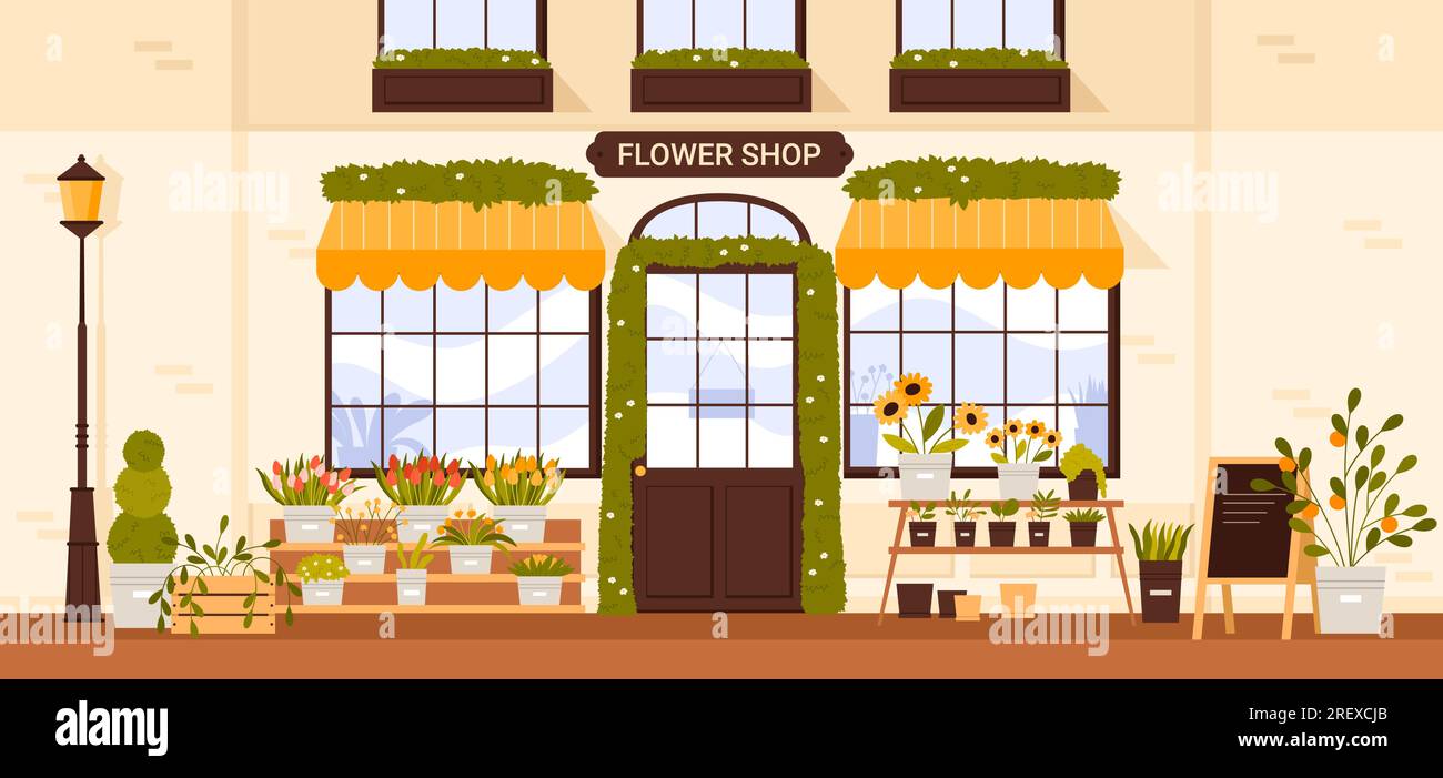 Flower shop facade vector illustration. Cartoon building exterior with ...