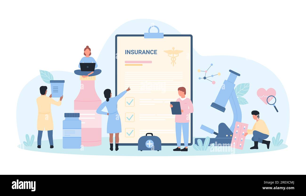 Health insurance vector illustration. Cartoon tiny people check ...