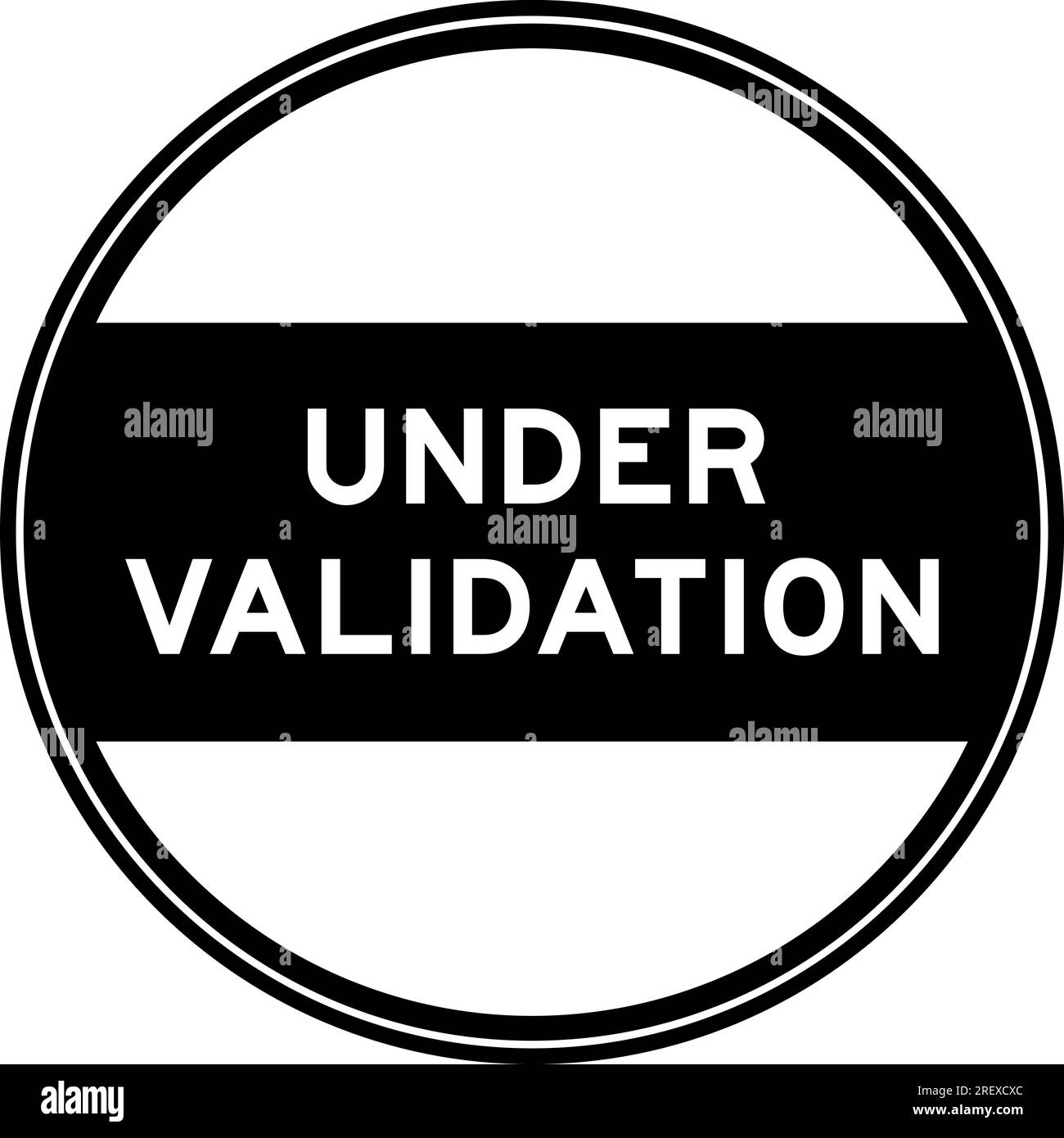 Black color round seal sticker in word under validation on white ...