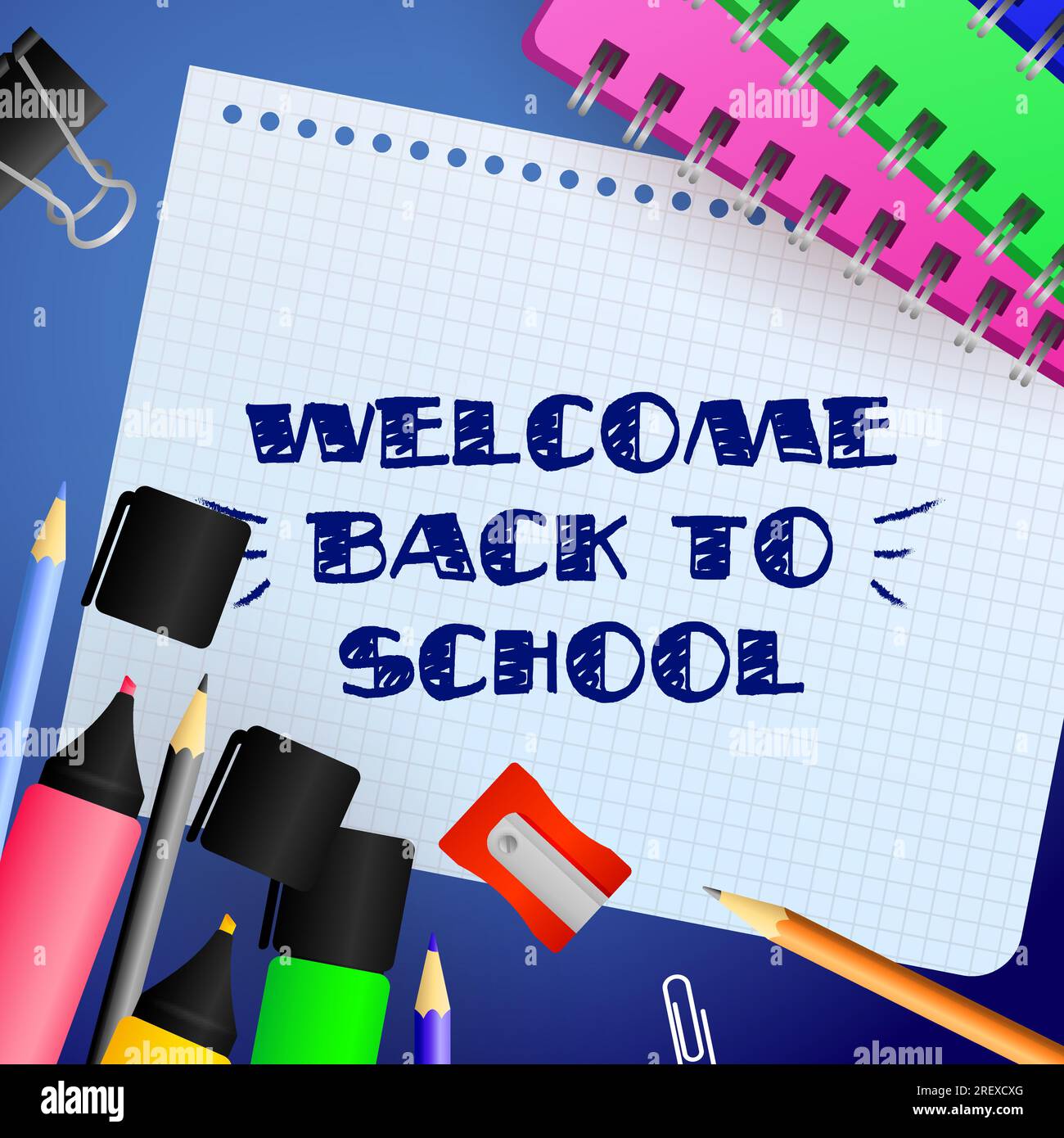 Welcome back to school lettering on paper, markers and pencils Stock ...