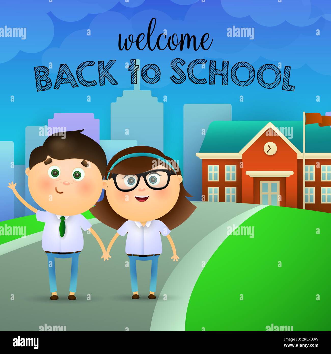 Welcome back to school lettering, girl and boy waving hand Stock Vector ...