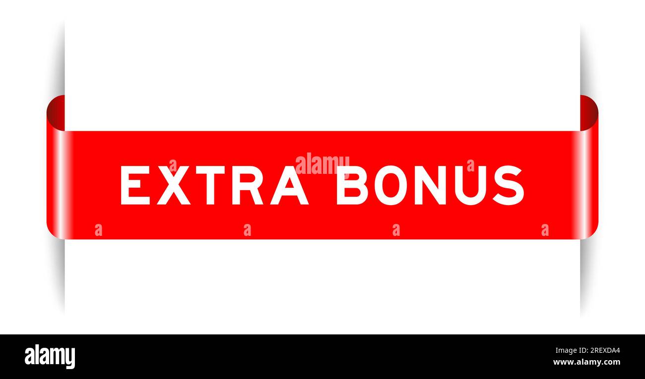 Red color inserted label banner with word extra bonus on white ...