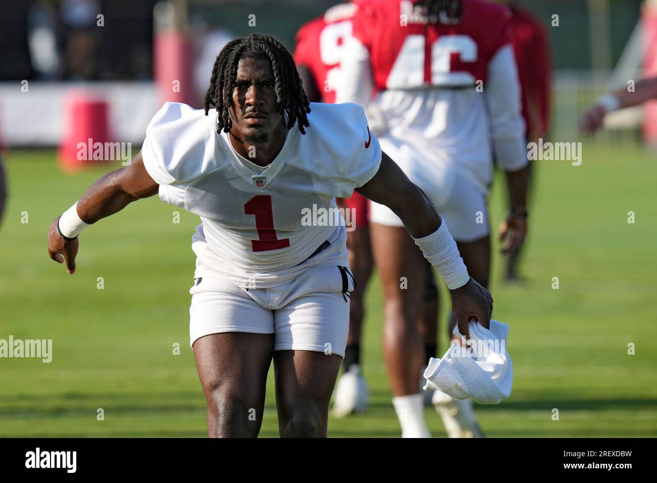 Tampa Bay Buccaneers running back Rachaad White (1) stretches during a ...