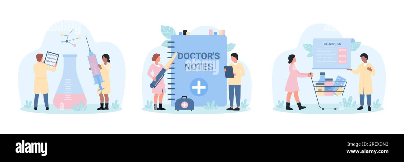 Medical prescription, pharmacy set vector illustration. Cartoon tiny ...