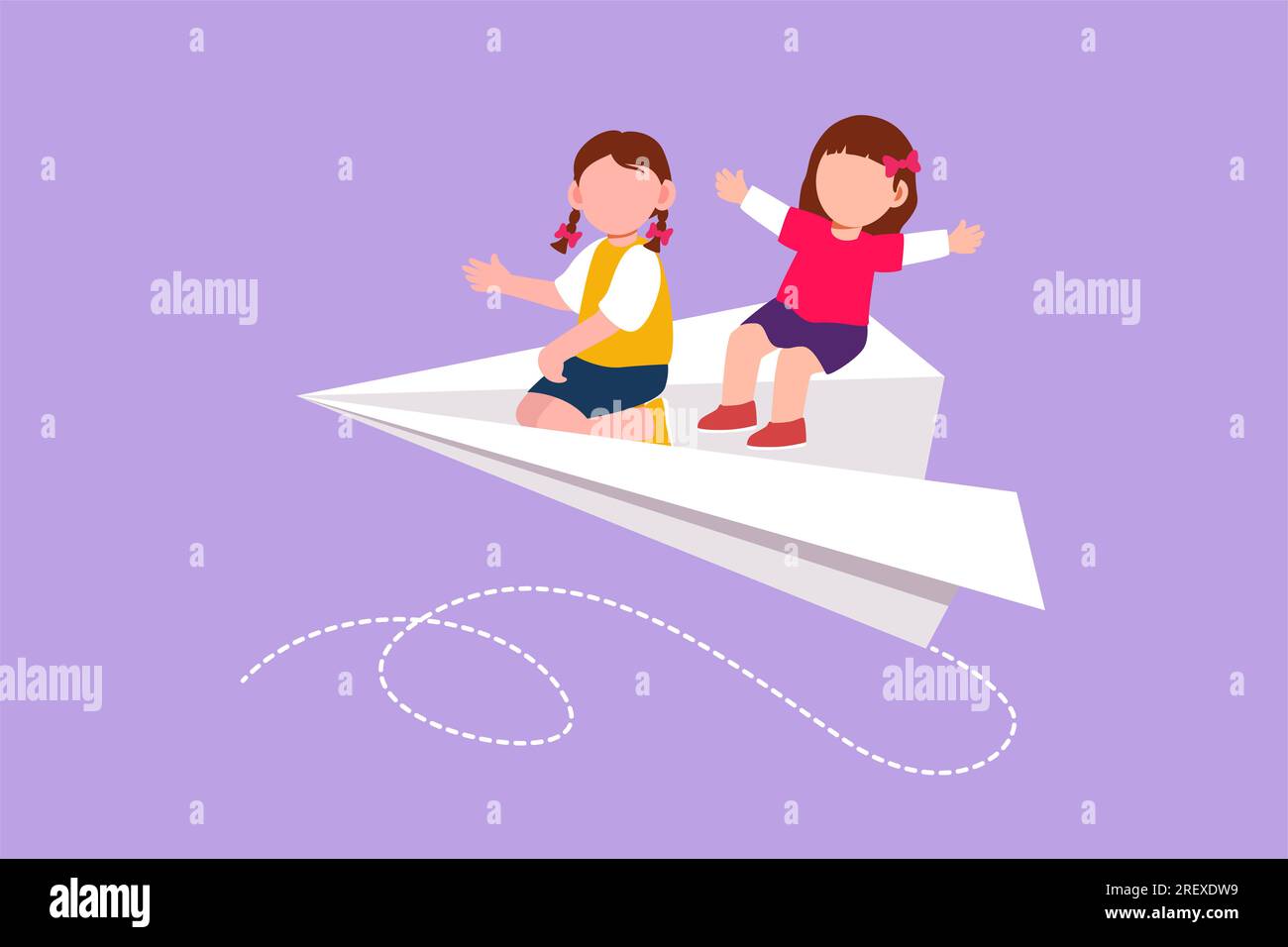 Character flat drawing happy two little girls flying on paper plane ...
