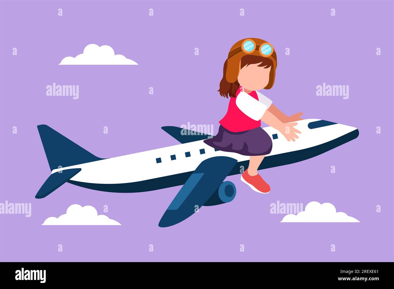 Cartoon flat style drawing pretty little girl riding small toy plane ...