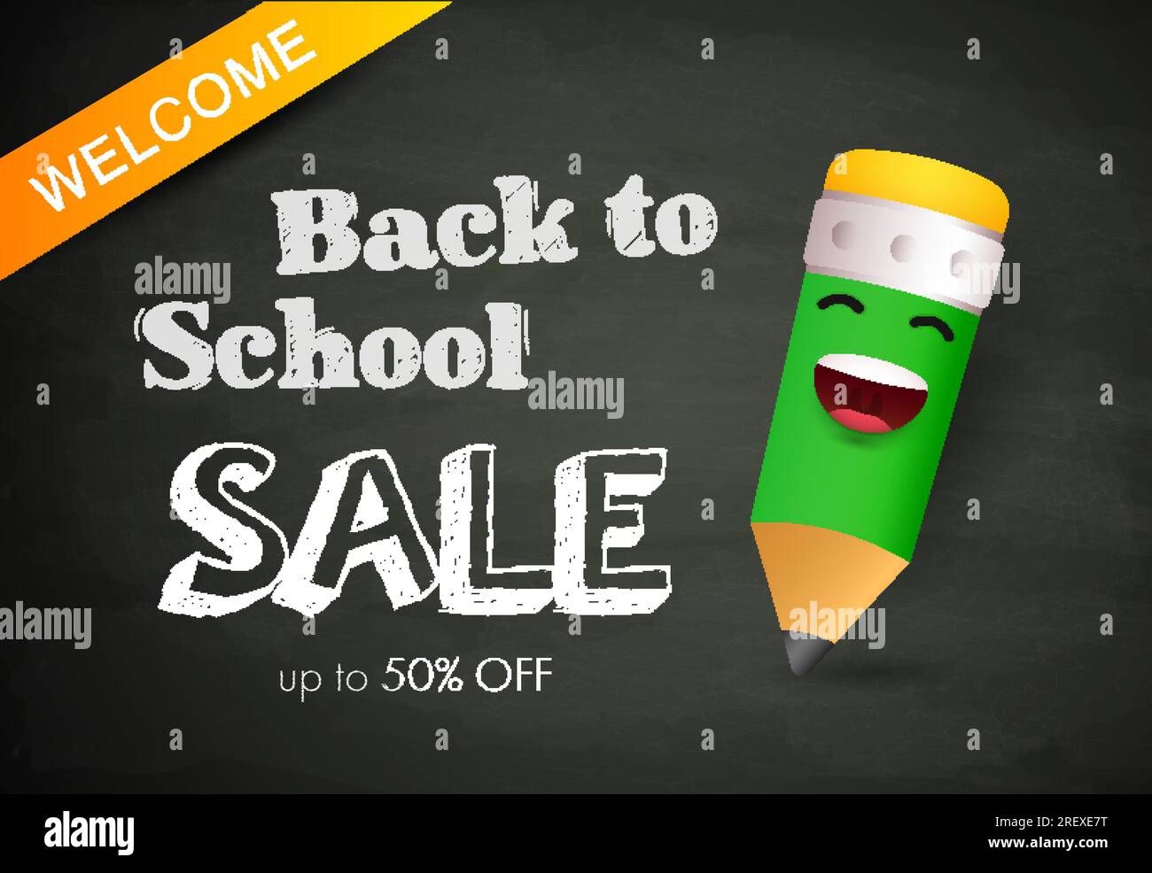 Welcome, back to school, sale lettering with happy pencil Stock Vector ...