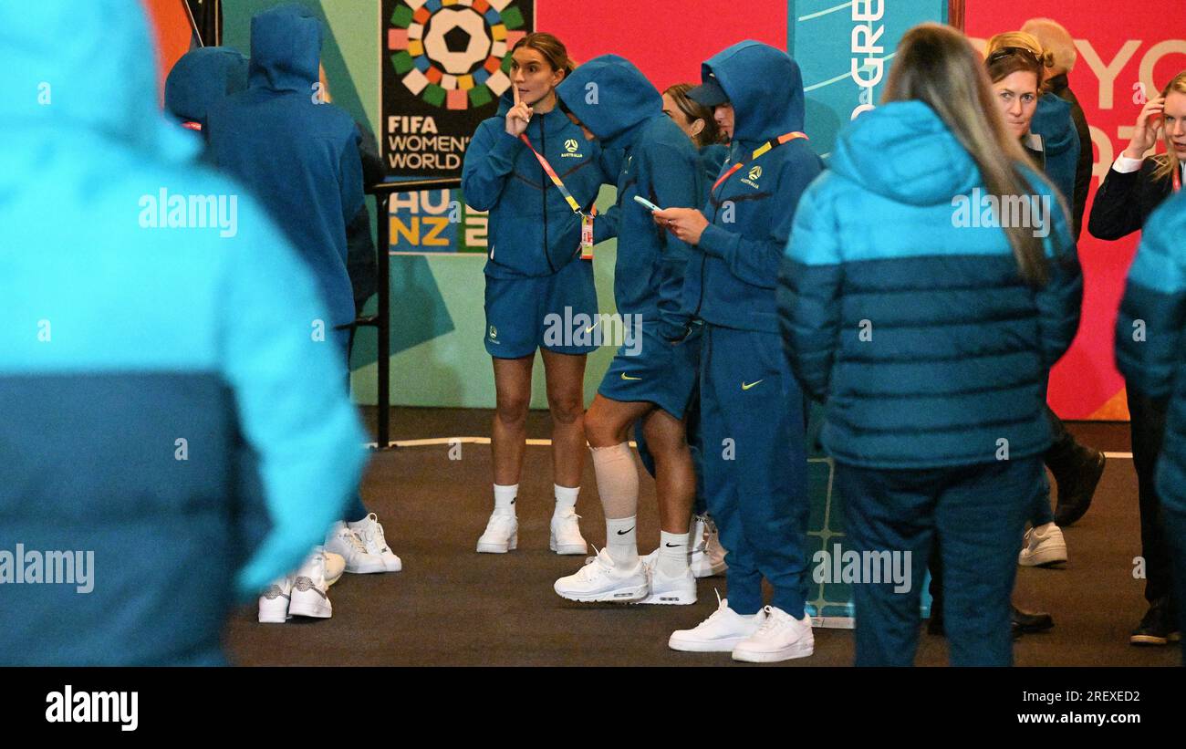 Sam Kerr of the Matildas (centre) is seen in the players tunnel with a ...