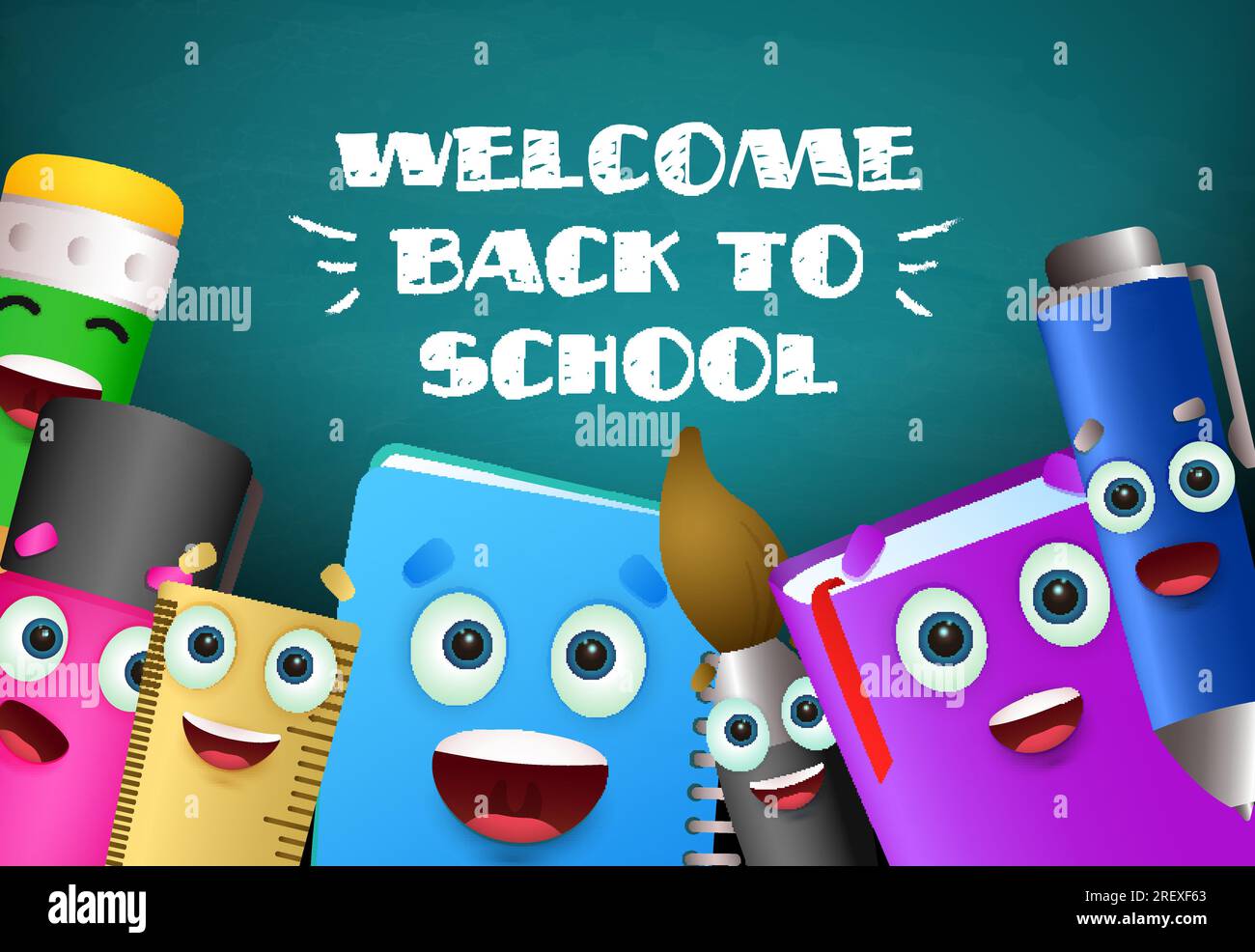 Welcome back to school lettering, smiling stationery characters Stock ...