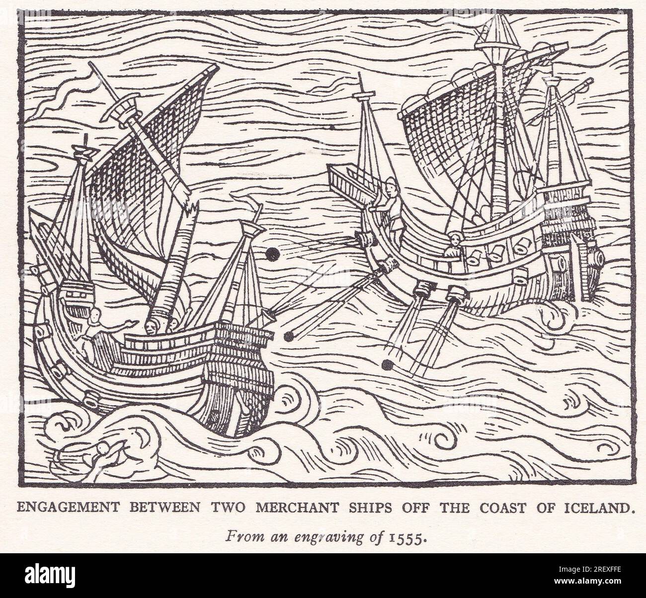 Engagement between two merchant ships off the coast of Iceland 1555 ...