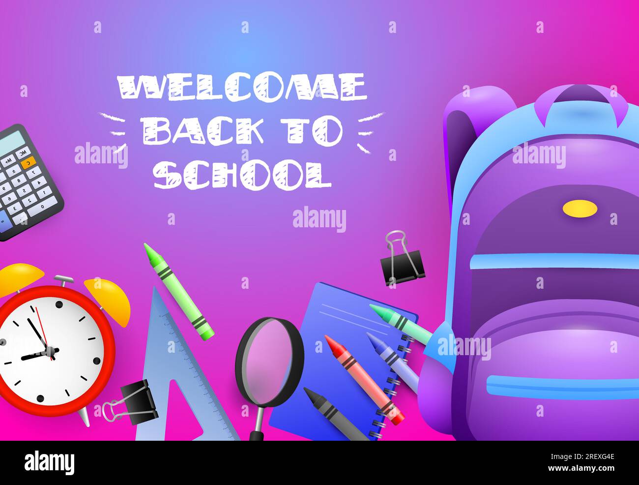 Welcome back to school lettering, alarm clock, stationery Stock Vector ...