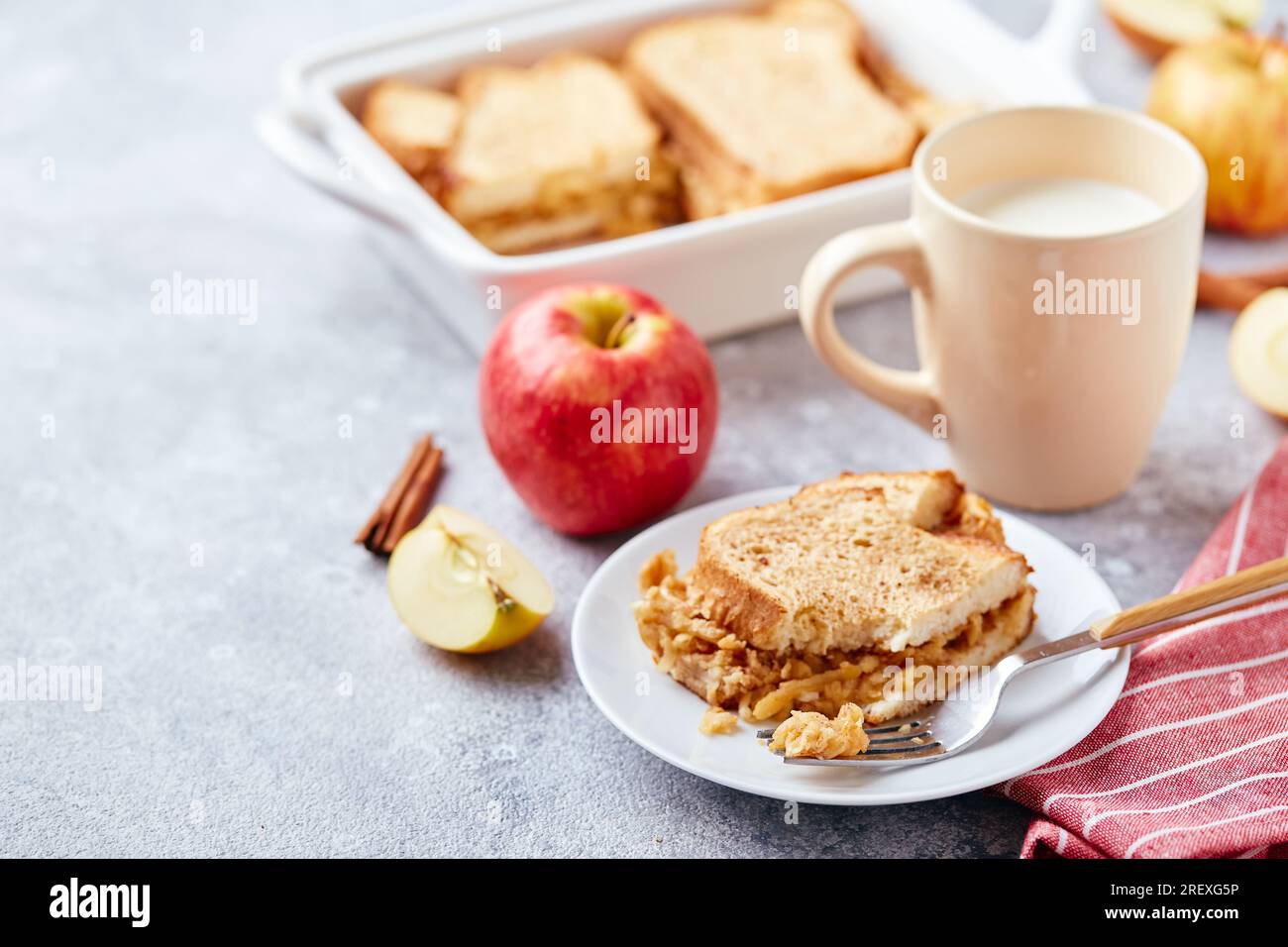 Bread pudding breakfast casserole made from wheat bread, eggs, milk and ...