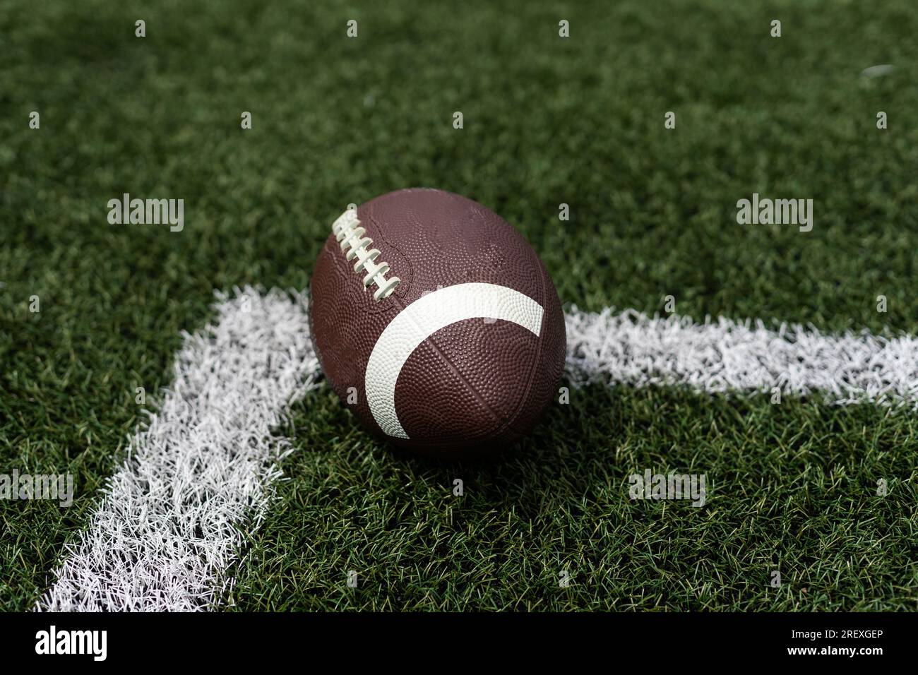 Close up view of an American Football sitting on a grass football field ...