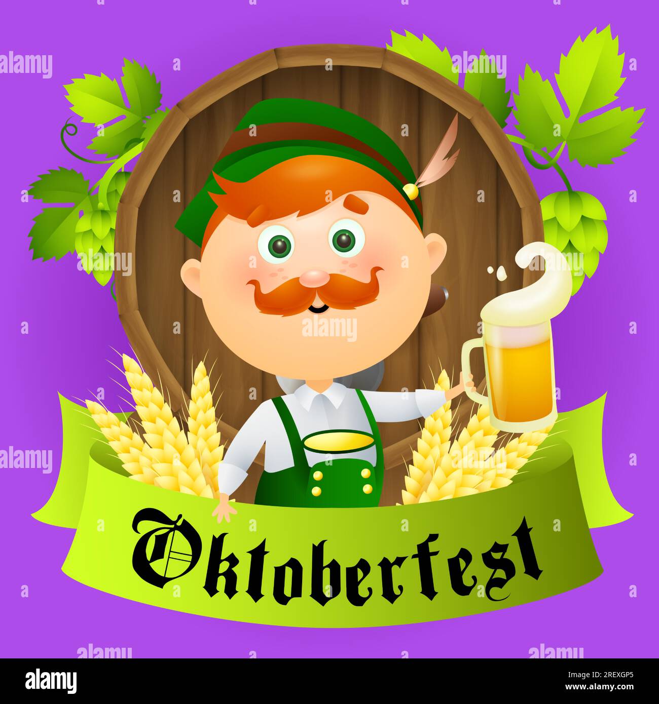 Oktoberfest lettering with green streamer and man in green costume ...
