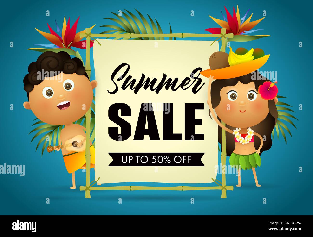 Summer sale retail poster design. Cartoon Hawaiian guy and girl Stock ...