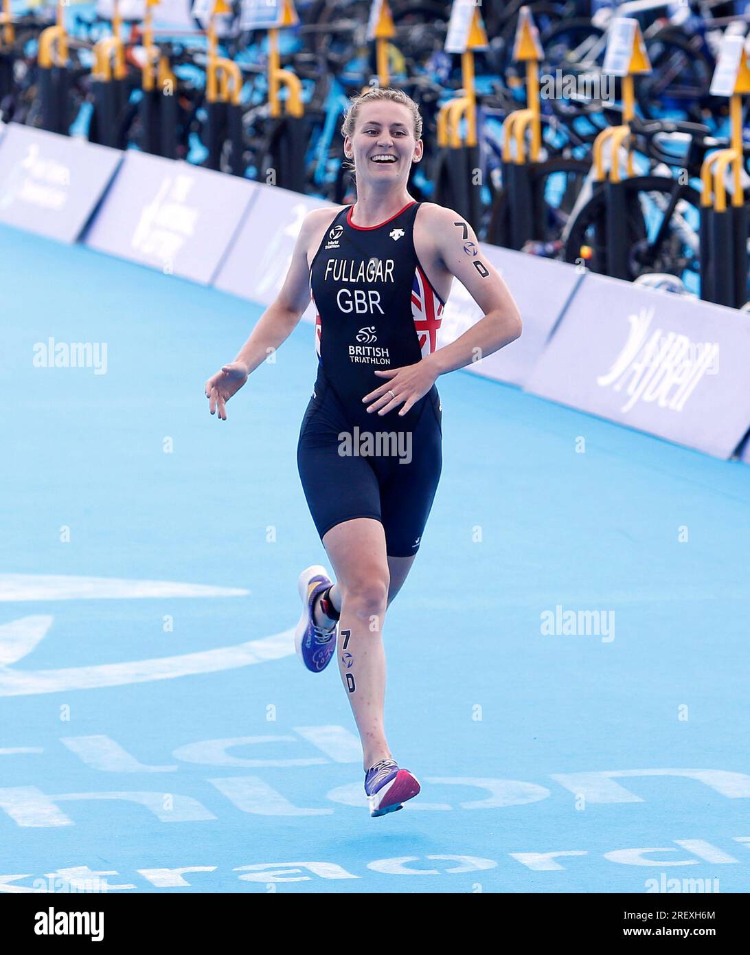 Team Great Britain's Jessica Fullagar crosses the line to finish second ...