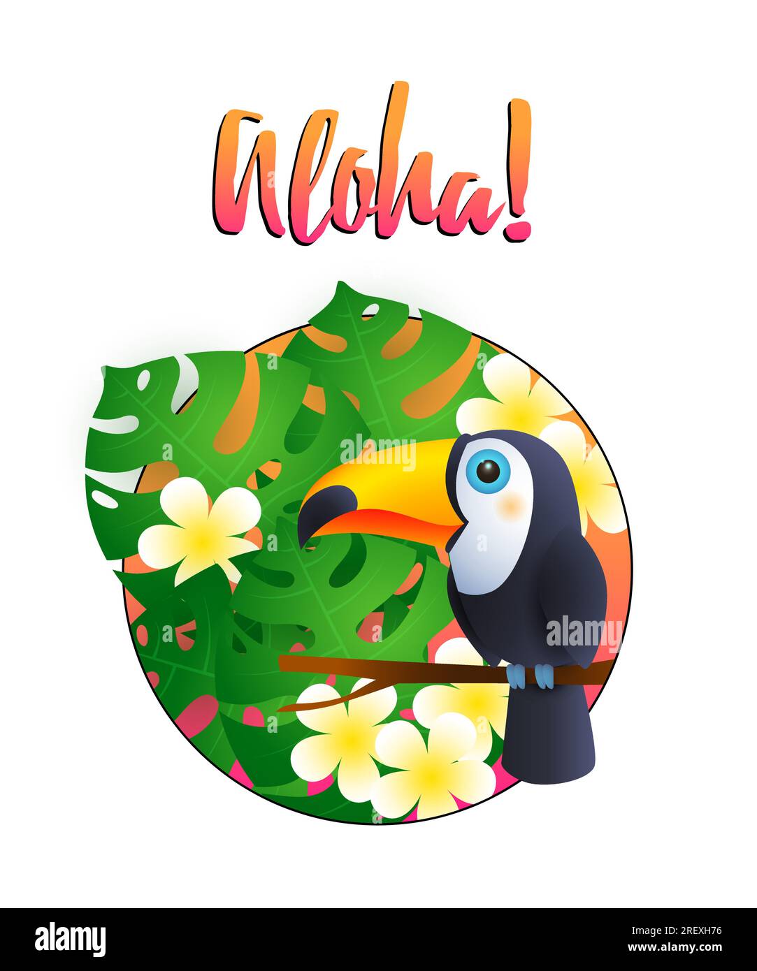 Aloha lettering with tropical leaves and toucan in circle Stock Vector ...