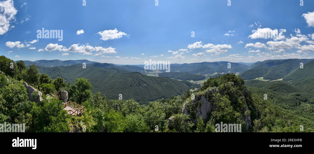 Aerial view of the ruins of the Muran Castle above the village of Muran ...